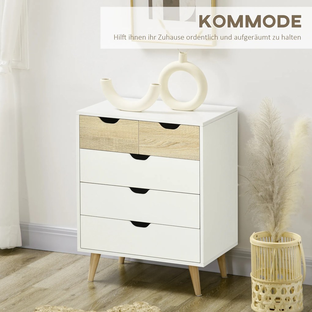 HOMCOM Komoda s 5 zásuvkami a zvýšenými nohami pro ložnici, obývací pokoj i kancelář, moderní styl, proti převrhnutí, 60x40x77,5 cm, přírodní a bílá