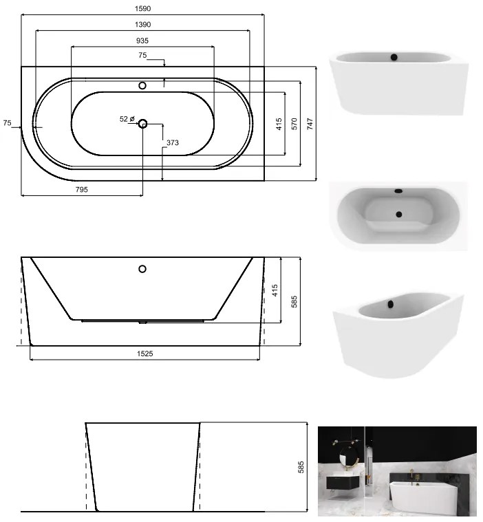 Besco Avita A-line volně stojící akrylátová vana se sifonem, napouštění přes přepad B&W Délka vany: 150cm, Orientace: Pravá