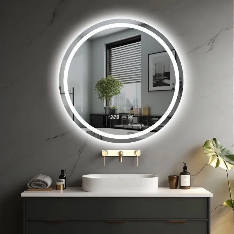 Kulaté LED zrcadlo 70 cm s odmlžováním a hodinami