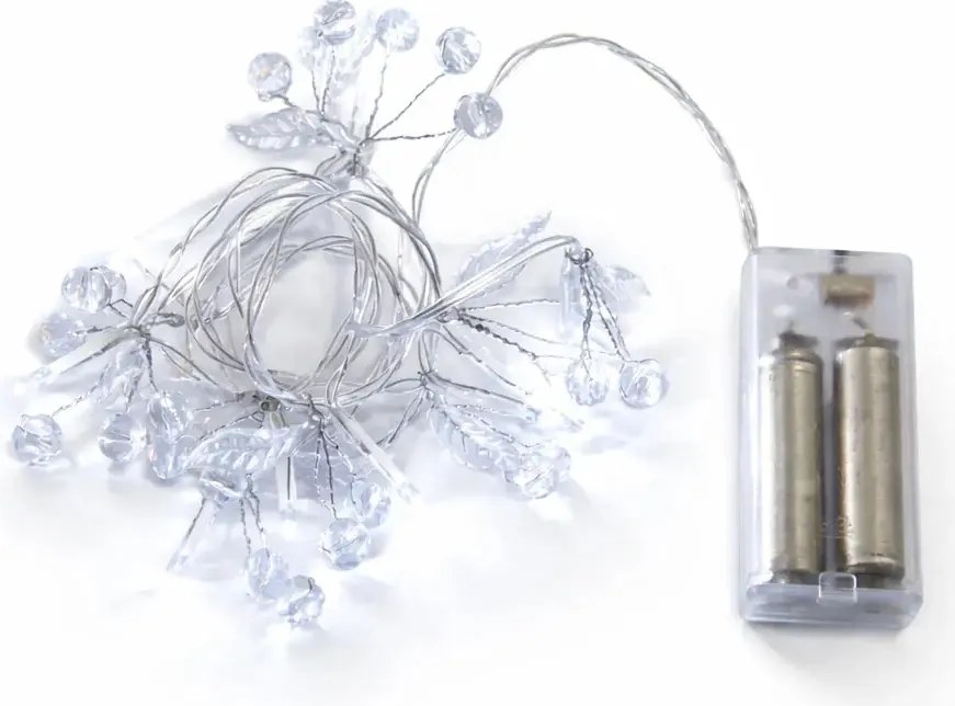 LED světýlka na baterie, krystalky, 1,3 m, ledově bílá, 10 diod, čirý kabel, IP20, 2 × AA