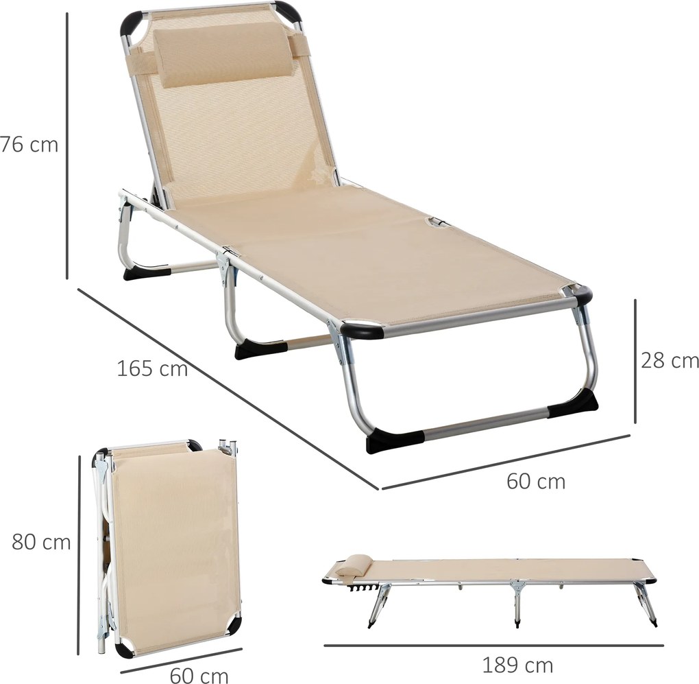 Outsunny zahradní lehátko hliníkové 5násobně nastavitelné, skládací, ergonomické, síťovaná tkanina béžová 170x60x76cm pro zahradu a terasu |