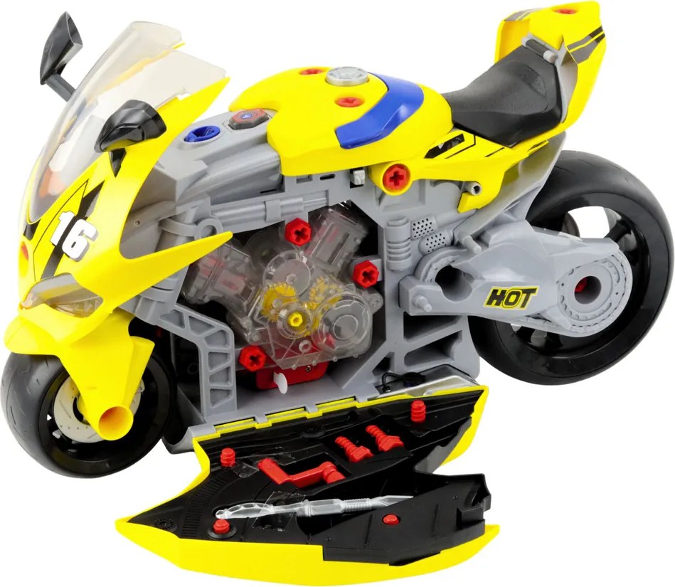 LEAN Toys Rozebíratelný motocykl 2v1 DIY dílna světla zvuky kouř žlutý 43 cm