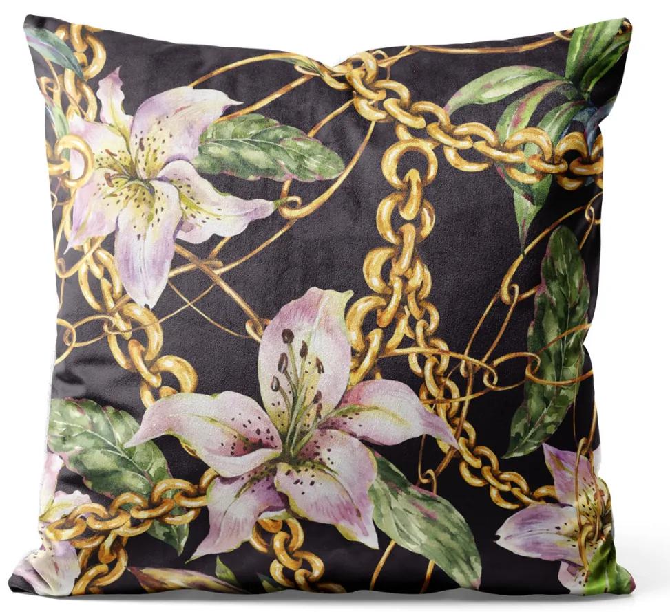 Dekorační velurový polštář Uvázané lilie - květinová kompozice se zlatými řetízky