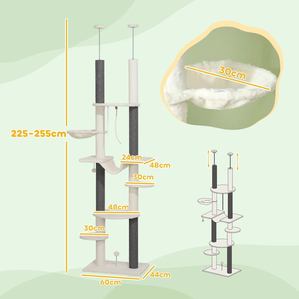 PawHut škrabadlo stropní vysoké, strom pro kočky, 225-255 cm škrabadlo pro kočky s houpacími sítěmi, škrabadla, košík, hrací míč, nábytek pro kočky s…