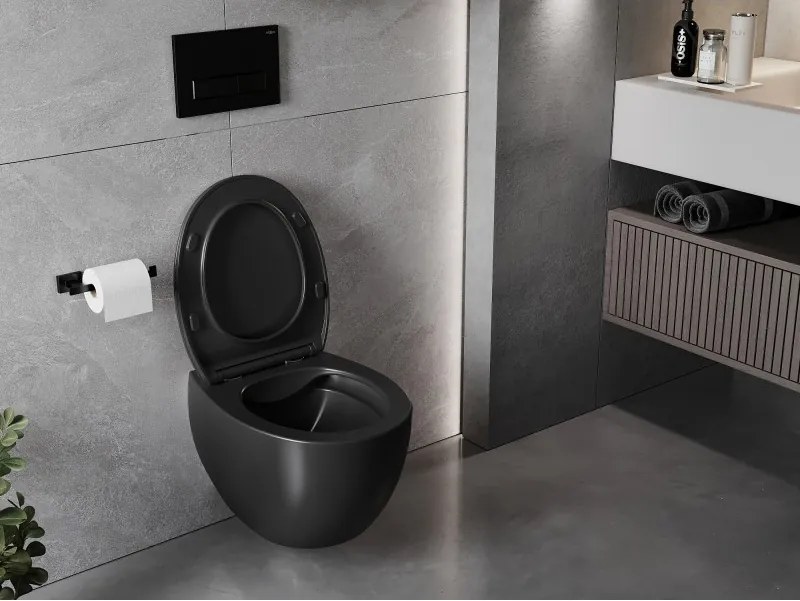 Mexen Egg, závěsná WC mísa Rimless s duroplastovým sedátkem s pomalým zavíráním, černá matná, 30245070