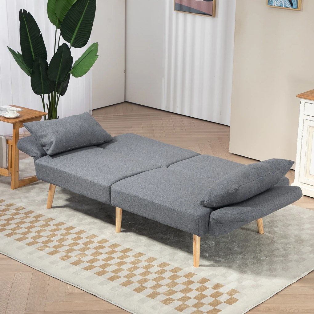 HOMCOM 3místná pohovka s funkcí spaní, 170x83x80cm, s 3stupňovým nastavením opěradla a nohou, vlnité pružiny, přehozové polštáře, vzhled lnu, šedá