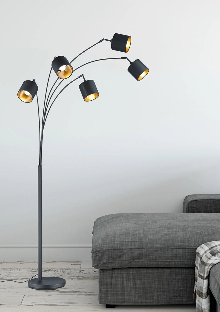 Trio Leuchten R46330579 TOMMY - Moderní pětiramenná stojací lampa 5 x E14, 200cm výška / černo zlatá