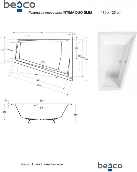 Besco INTIMA DUO SLIM 170 x 125 cm VANINTID17SLIML+OLVPINOZSTELID vana vč. nožiček levá