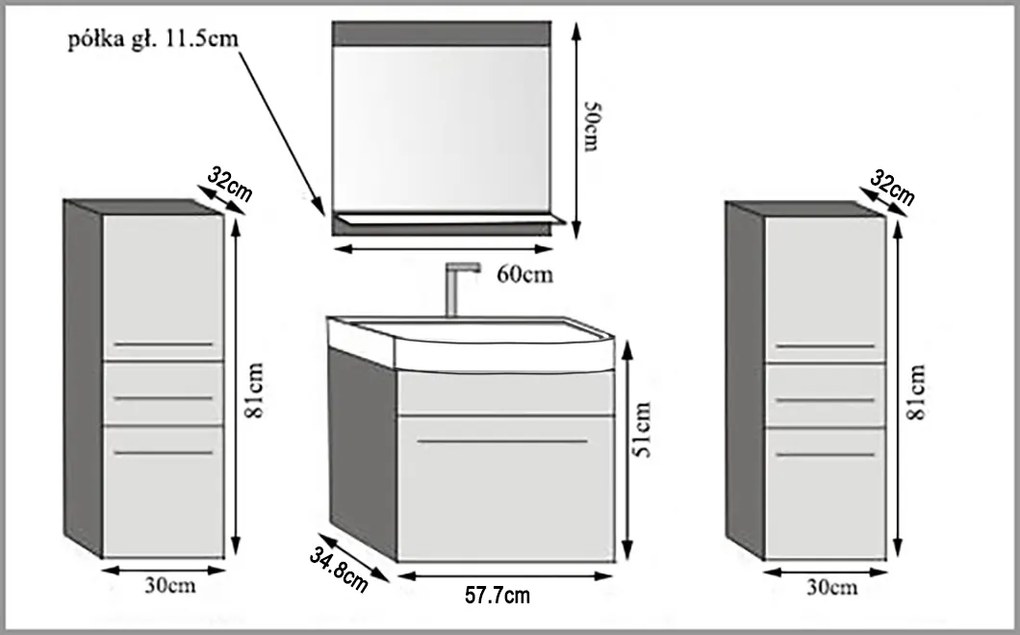 Koupelnový nábytek Belini šedý lesk /  bílý lesk + umyvadlo + zrcadlo  ROD P 4/0/W/SW/0/ZW