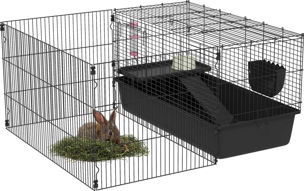 Bouda PawHut pro malá zvířata s výběhem, 112,5L x 99W x 54H cm, s lahví na vodu, krmítkem, miskou na krmení, pro malá zvířata, ocel, černá | Aosom