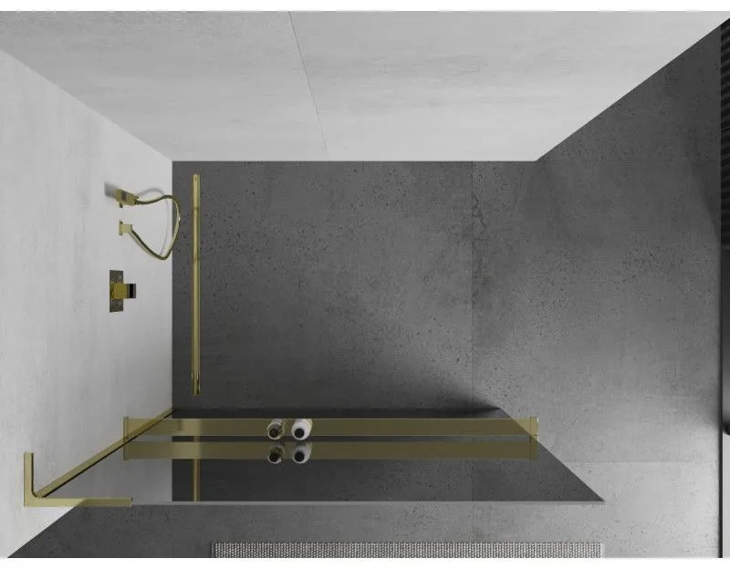 Mexen Kioto+ L, sprchová zástěna Walk-In s poličkou a věšákem 90 x 200 cm, 8mm sklo vzor zrcadlo, zlatý lesklý profil, 800-090-123-50-50
