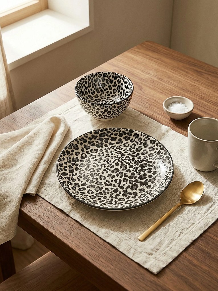 Sinsay - Keramické talíře s leopardím vzorem 2 pack - černá