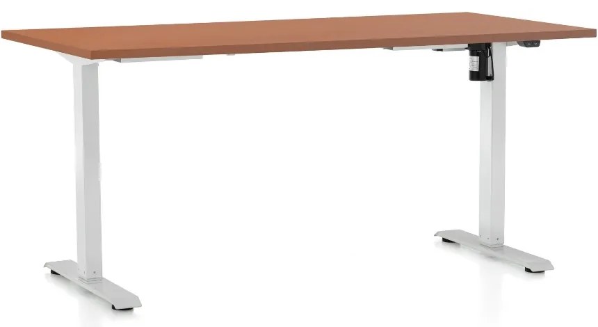 Výškově nastavitelný stůl OfficeTech A, 160 x 80 cm, bílá podnož, třešeň
