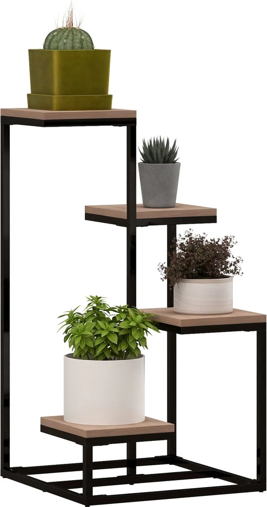 Outsunny Kovový a Dřevěný Stojan na Rostliny s Květinami 4 Úrovně Průmyslový Styl 40L x 40Š x 75,5V cm