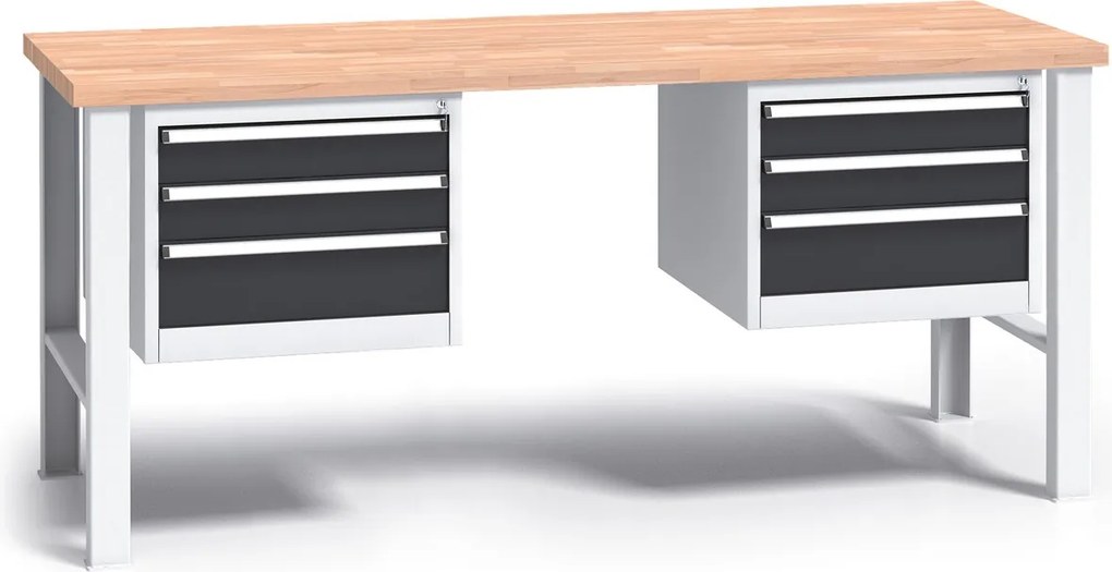 Pracovní stůl do dílny G3 se 2 závěsnými boxy na nářadí, buková spárovka, 6 zásuvek, pevné kovové nohy, 2000 mm, grafit