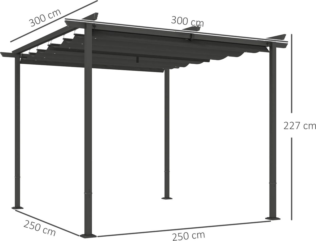 Outsunny zahradní pergola 3 x 3 m s nastavitelnou střechou, kovový rám, ochrana UPF30+, sluneční střecha na verandu, terasu, tmavě šedá
