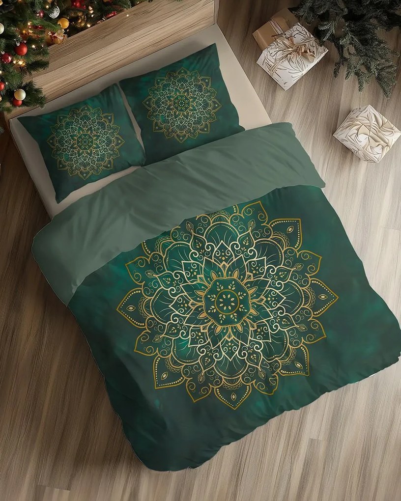 Detexpol Bavlněné povlečení 160x200 lahvově zelené s boho mandalou – 5838 A – Celoroční sada ložního prádla Floral Elegance