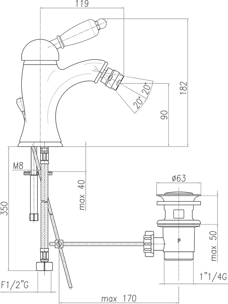 SAPHO KIRKÉ WHITE stojánková bidetová retro baterie s výpustí, bílá páčka, zlato KI03BZ