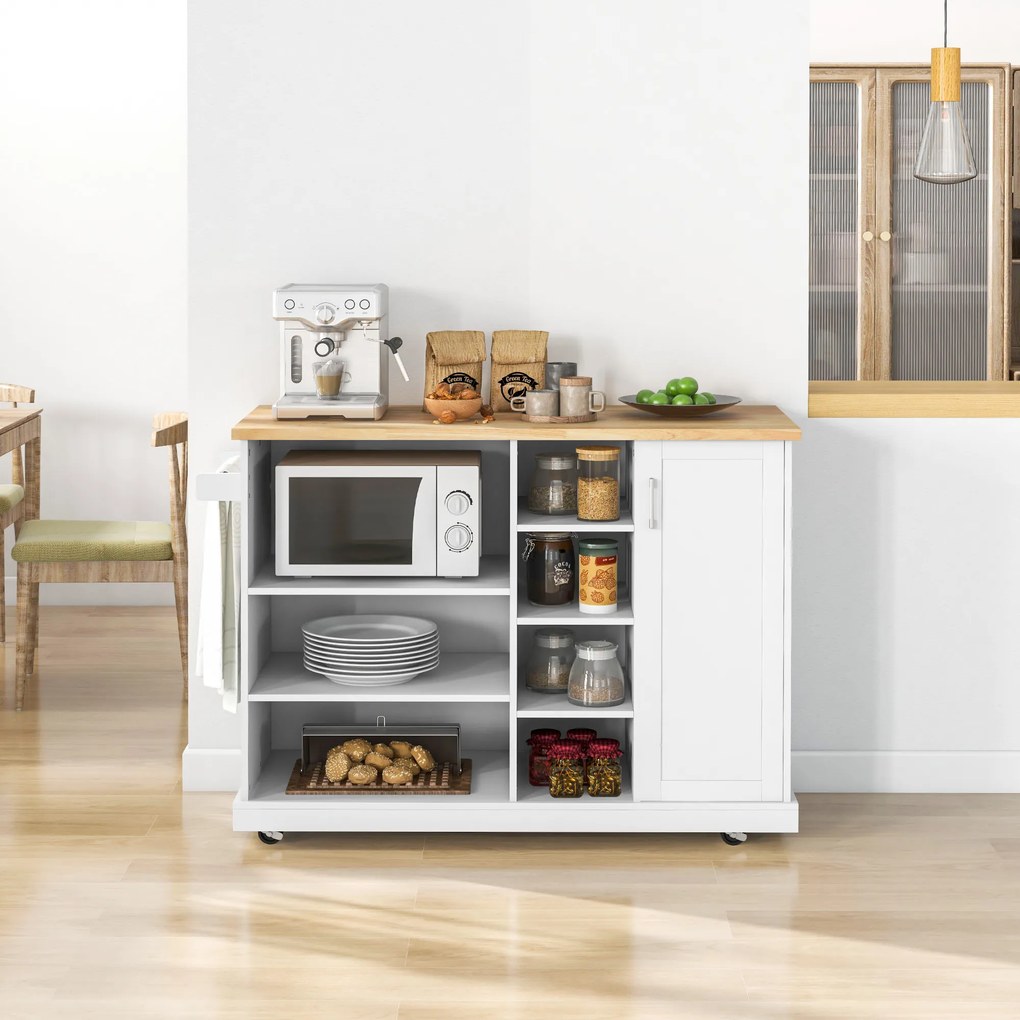 HOMCOM Kuchyňský Ostrov Trolley, Vozík, Kuchyňský Vozík, 7 Otevřených Přihrádek, 1 Skříňka s Dveřmi, 129 x 51 x 93 cm, Dřevo a Bílá