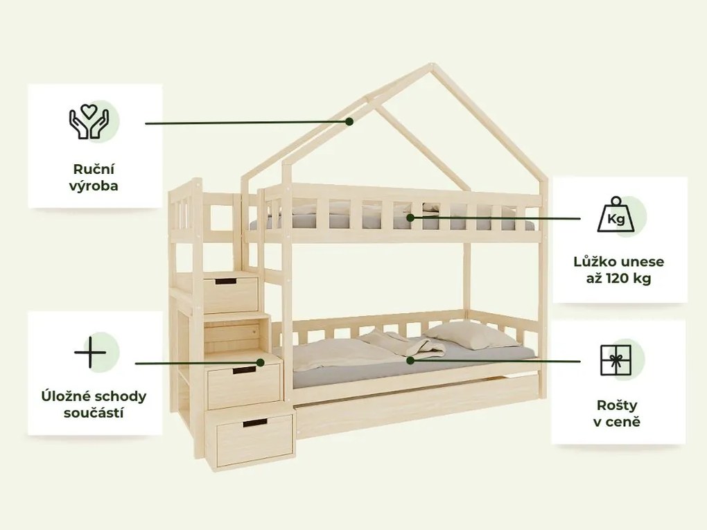 Benlemi Domečková patrová postel PLOTTY s úložnými schody 90x200 cm Zvolte barvu: Pastelově růžová, Zvolte šuplík: Dvojitý úložný šuplík, Zvolte stranu: Vpravo