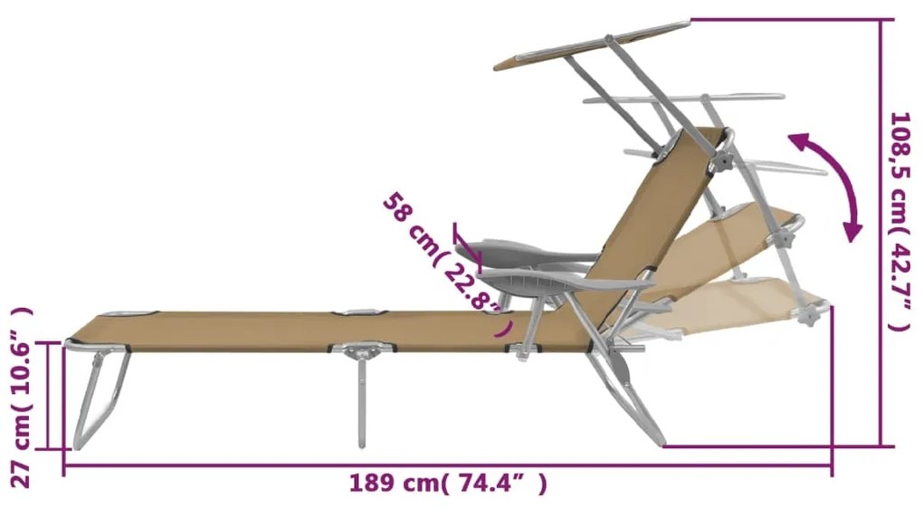 vidaXL Marketos Skládací zahradní lehátko se stříškou ocel taupe