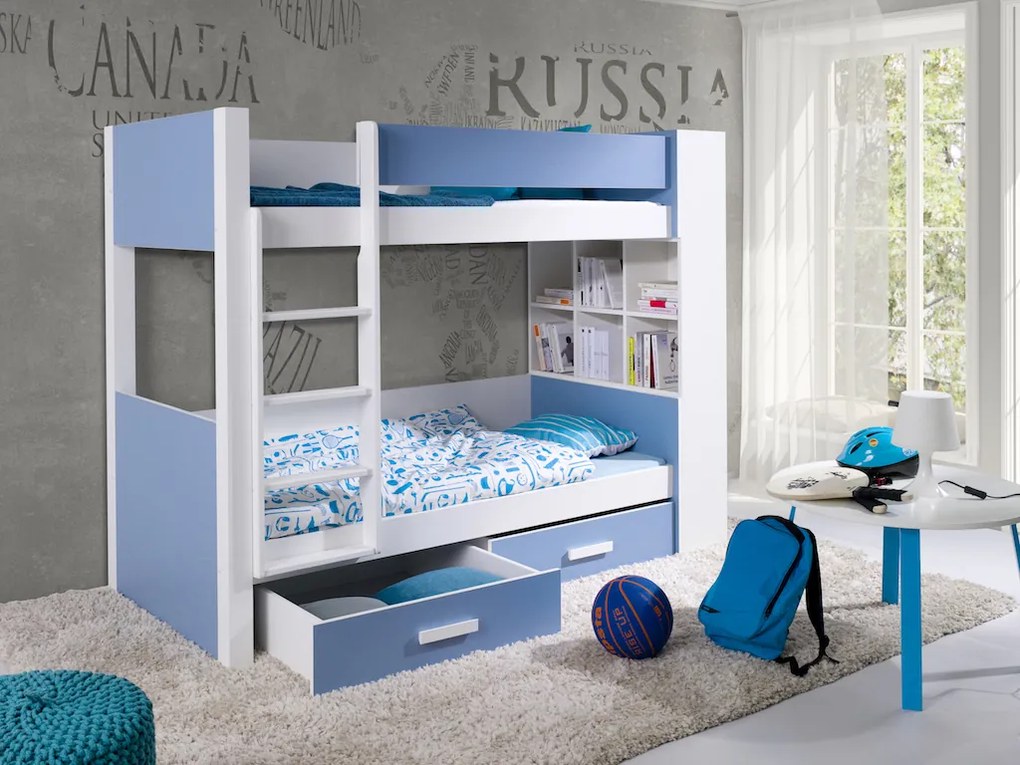 Patrová postel Gaspar s policí - regálem 90x200 cm (Š 104 cm, D 230 cm, V 160 cm), Bílý akryl, Šedé PVC, 1 ks hlavní matrace, se zábrankou, žebřík na levé straně