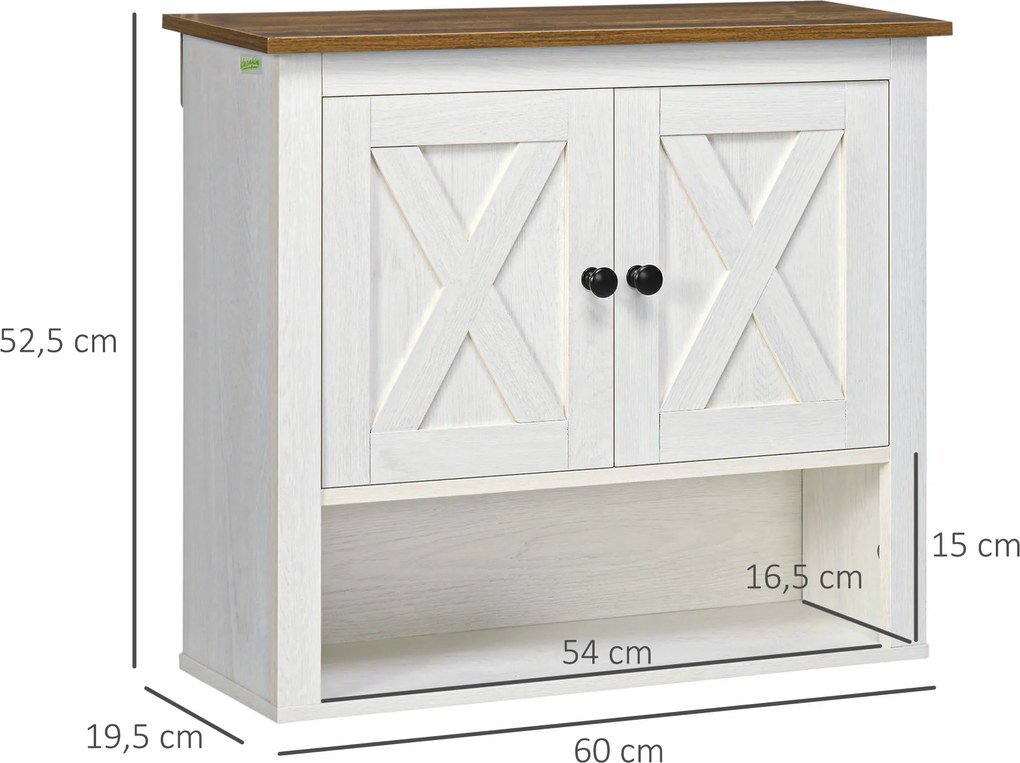 kleankin Nástěnná skříňka do koupelny s 2 dveřmi a úložnými policemi 60x19,5x52,5 cm Bílá