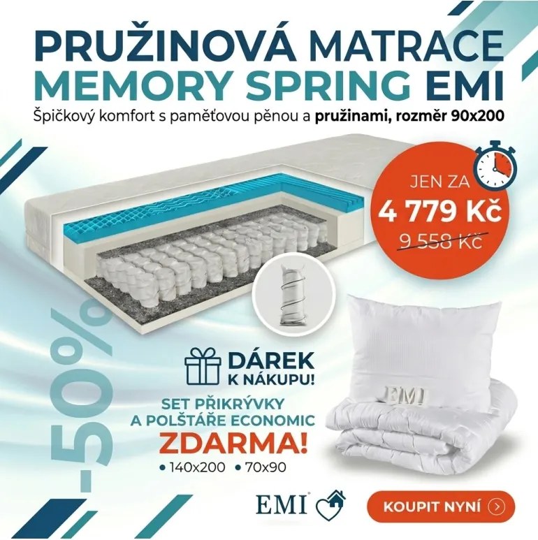 Matrace Memory Spring EMI 90x200 + Sada na spaní ZDARMA