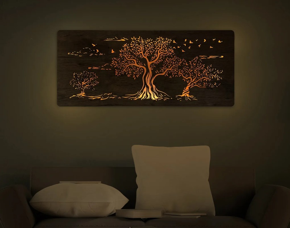 Li-Go "Tři olivy" světelný obraz s baterií 110x50cm varianta ovládání: manuál/pohybové čidlo, provedení povrchu: bříza