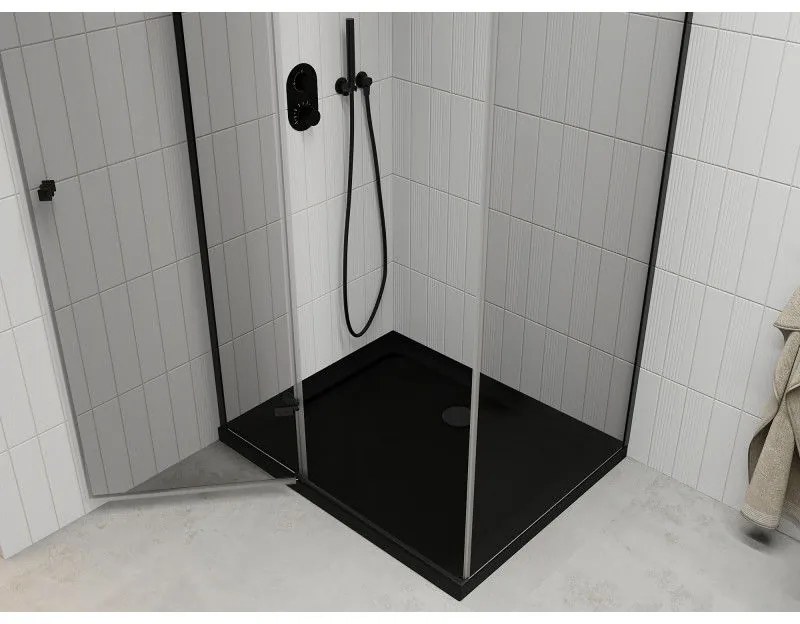 Mexen Roma, sprchový kout s 1-křídlými dveřmi 100 (dveře) x 80 (stěna) cm, 6mm čiré sklo, černý profil, slim sprchová vanička 5cm černá s černým sifonem, 854-100-080-70-00-4070B