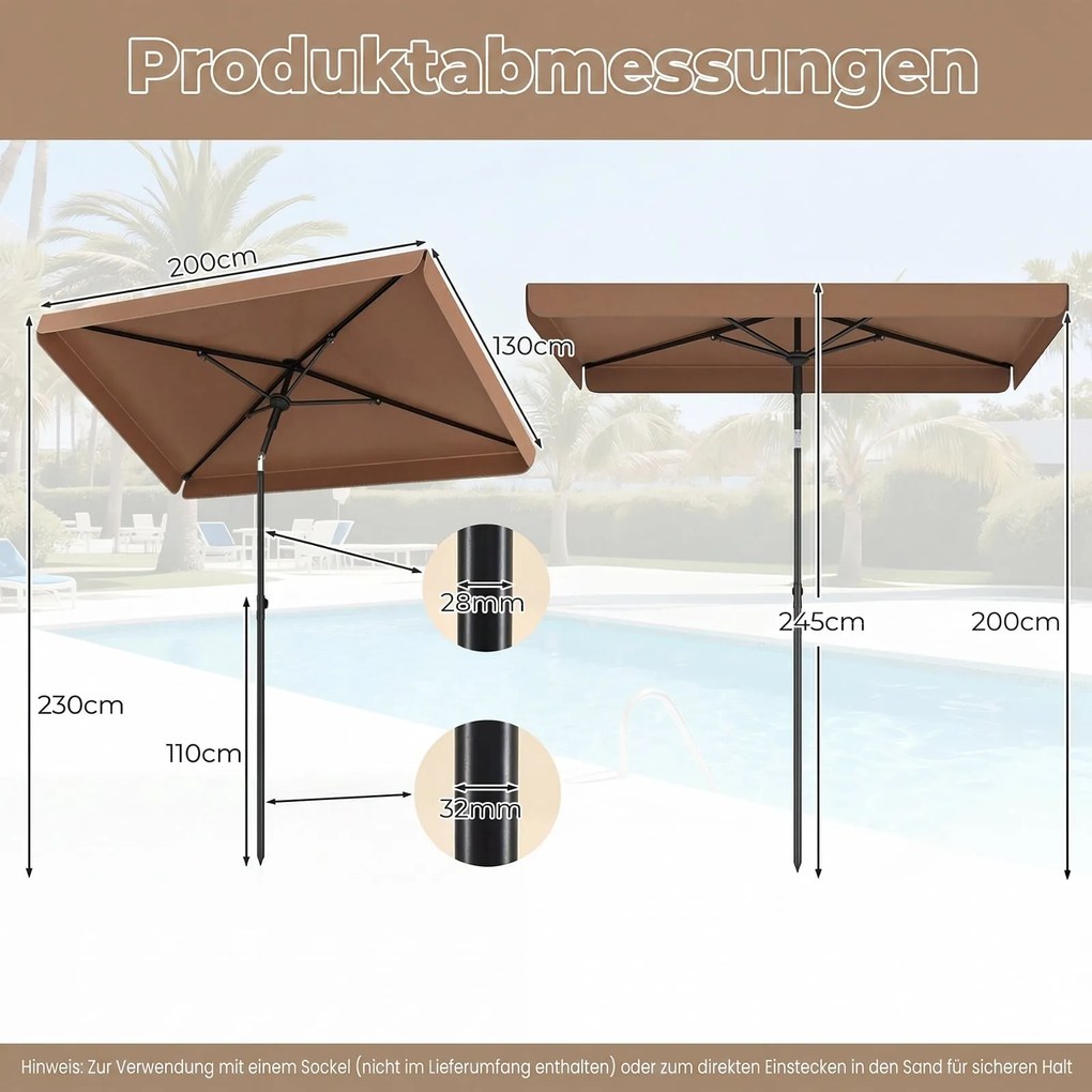Costway Slunečník Obdélníkový s úhlem sklonu 30° Skládací – 200 × 130 cm, hnědý