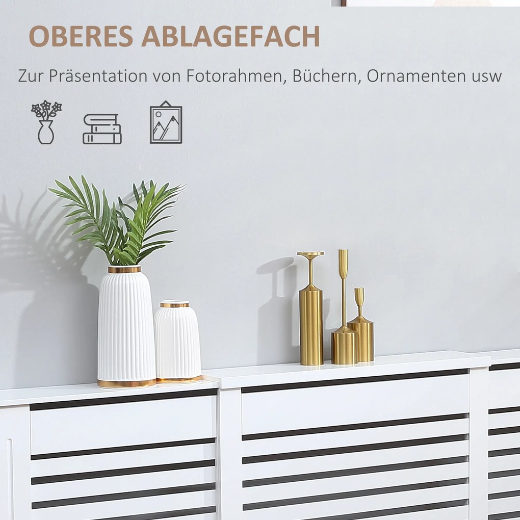 HOMCOM Nastavitelný kryt radiátoru s horní policí z MDF a dřeva, 140-202x19x82,5 cm, bílý