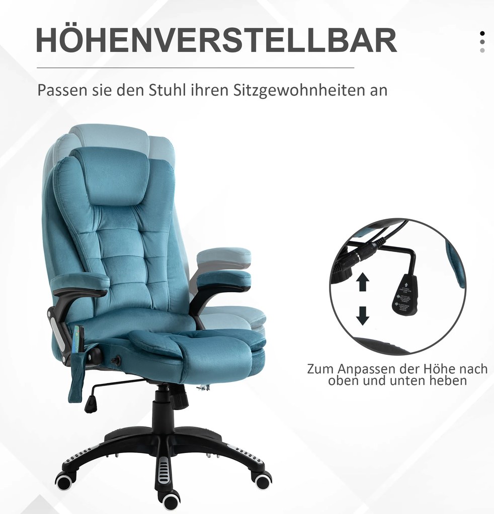 Kancelářská židle Vinsetto s masážní a tepelnou funkcí, výškově nastavitelná herní židle do 120 kg, 68x72x110-120 cm, modrá