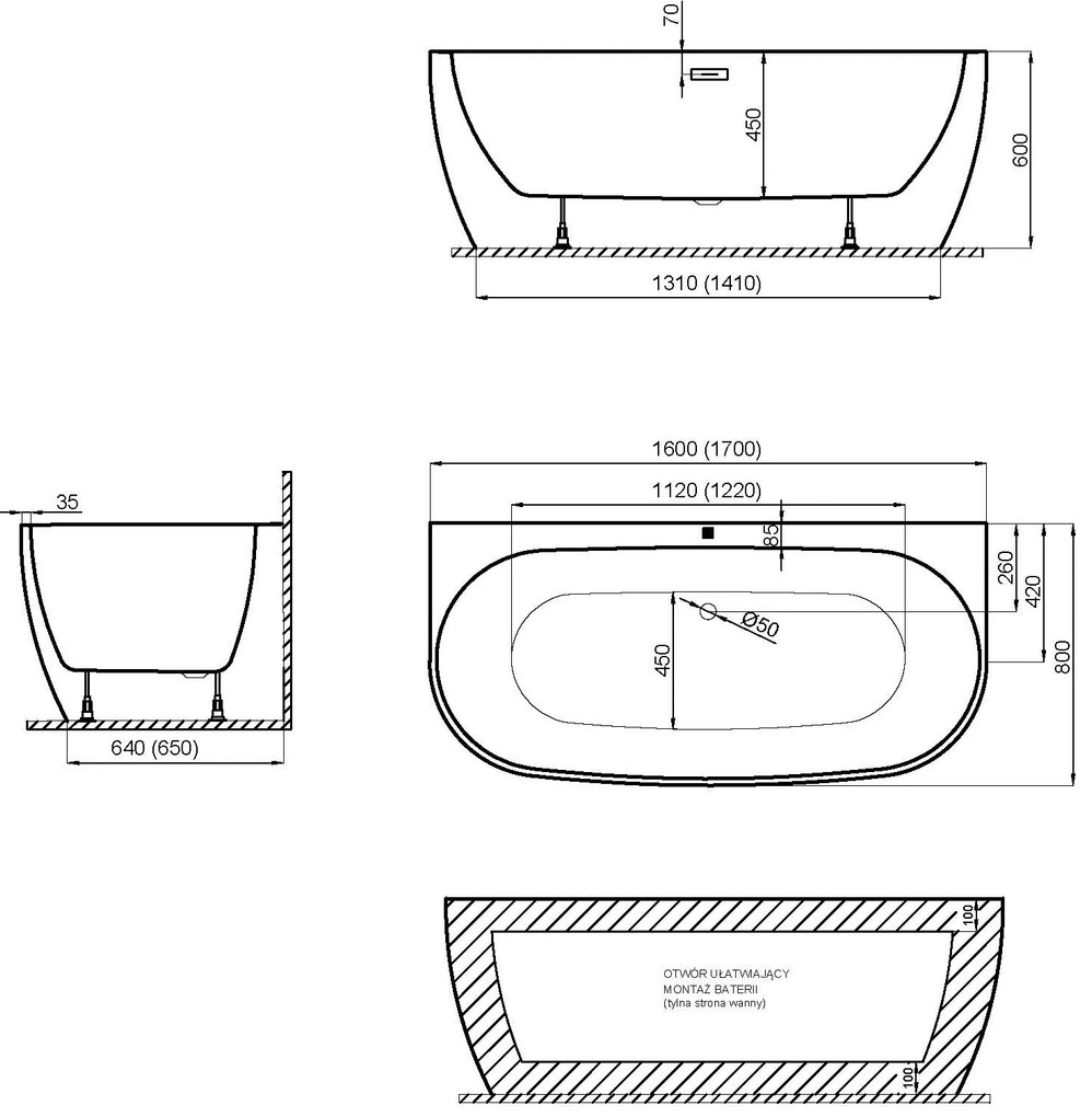 Polimat Akrylátová volně stojící vana ke stěně Risa 170x80 Rozměry (cm): 170x80, Barva vany: Bílá / černá lesk