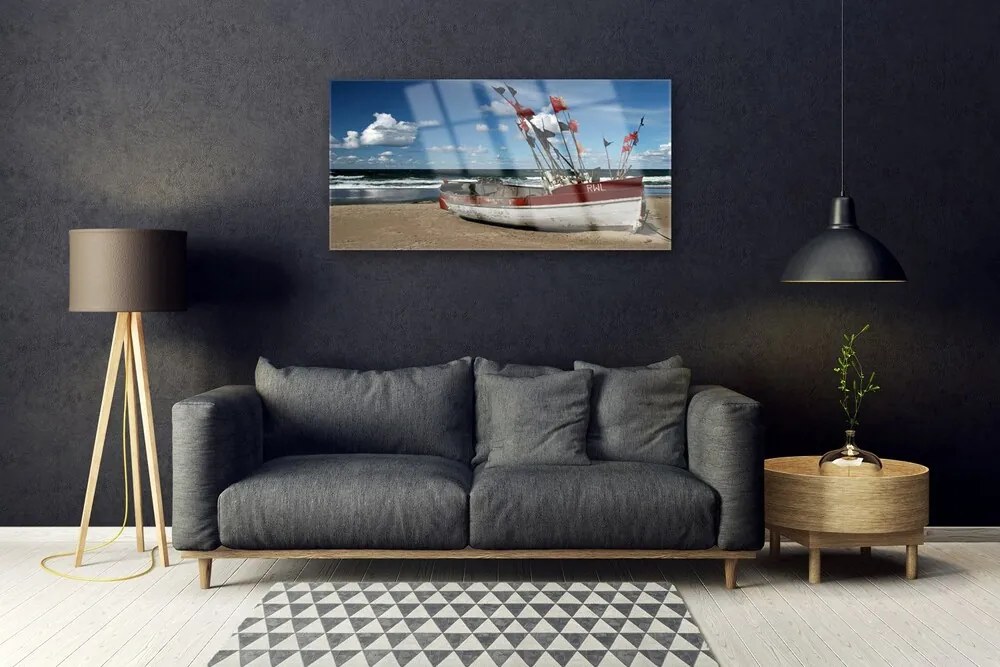 Obraz na skle Moře Pláž Loďka Krajina 120x60 cm