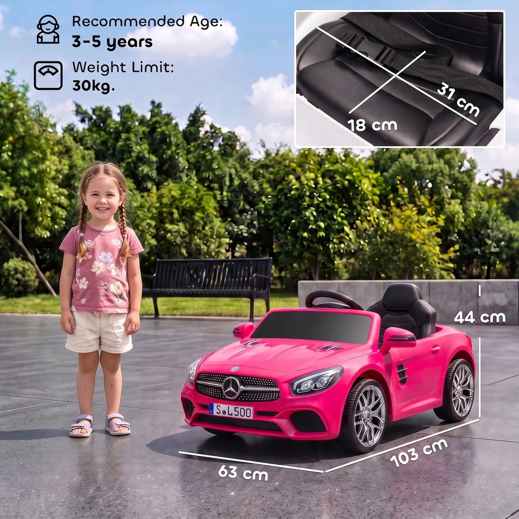 AIYAPLAY dětské elektrické auto Mercedes-Benz SL500 12V s 2,4 GHz dálkovým ovládáním, 2 motory, odpružení, jemný start, růžové