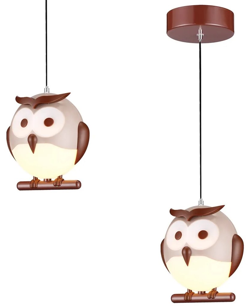 Dětské závěsné svítidlo Owl, 1x hnědé plastové stínítko, br