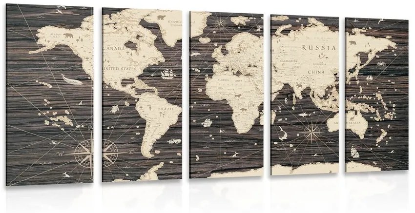 5-dílný obraz mapa na dřevěném pozadí - 100x50 cm