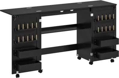 HOMCOM skládací šicí stůl, šicí nábytek na kolečkách, 2 magnetické dveře, 4 vložky, 20 držáků cívek, 160x40x83 cm, černá