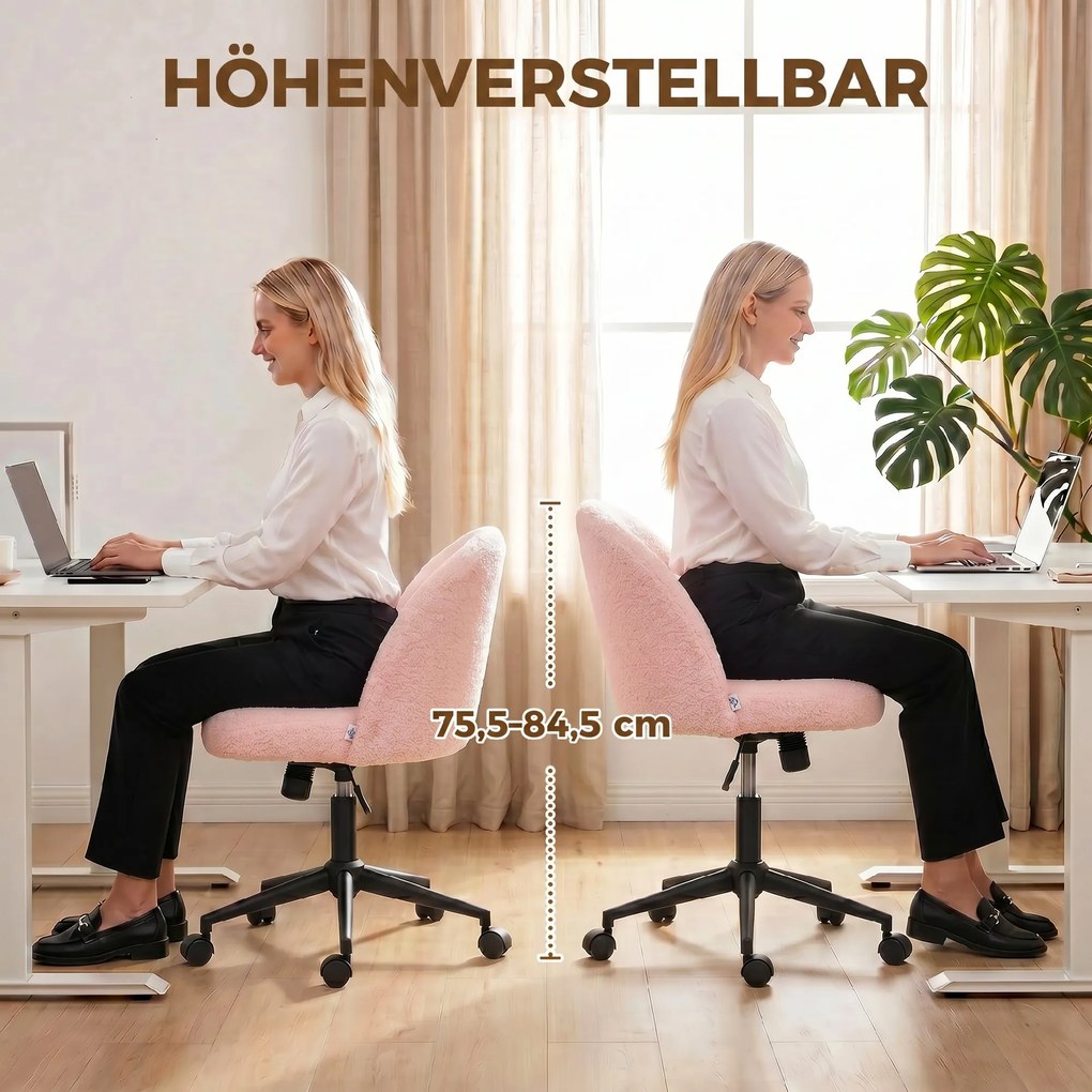 Kancelářská židle HOMCOM, teddy fleece, výškově nastavitelná, otočná s naklápěním — růžová