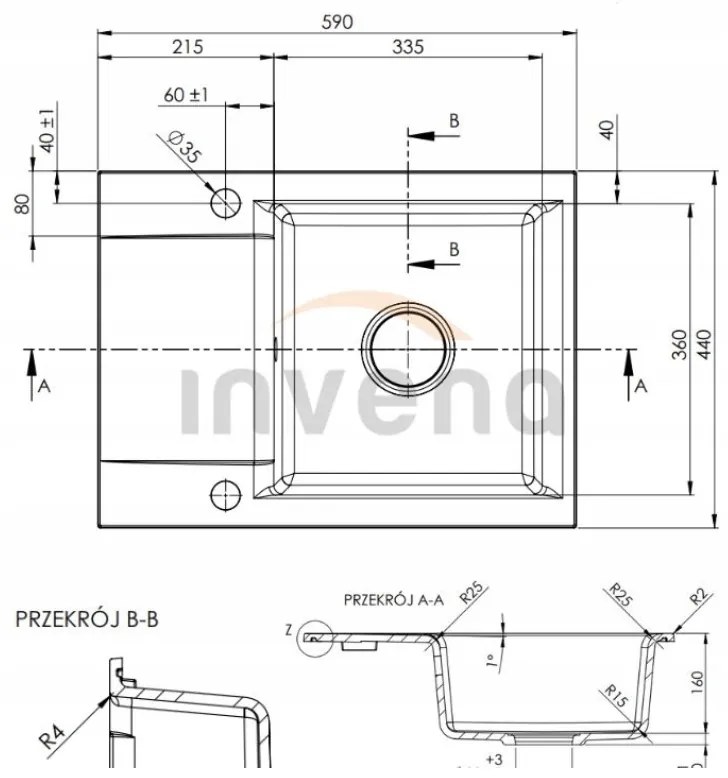 Invena Tesalia, 1-komorový granitový dřez s krátkým odkapávačem 590x440x160 mm a dřezová baterie Joga Plus, zlatý automatický sifon, černá skvrnitá, INV-AZ-01-Z42-SET