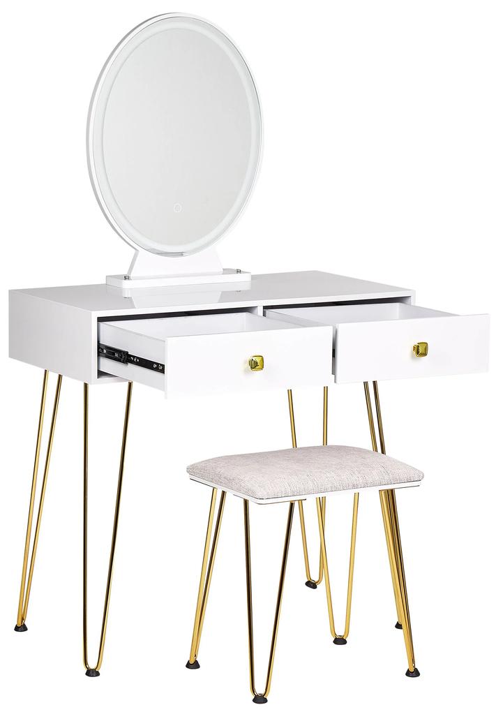 Toaletní stolek se 2 zásuvkami LED zrcadlem a stoličkou bílý/ zlatý CAEN Beliani