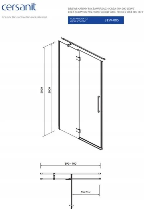 Cersanit Crea, křídlové dveře do otvoru 90x200 cm (levé), 8mm čiré sklo, chromový profil, S159-005