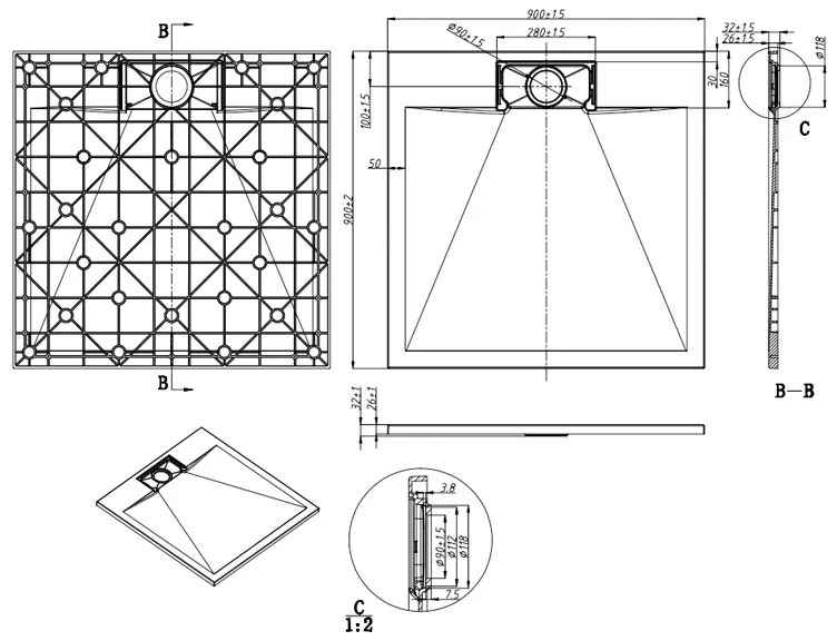 BPS-koupelny Čtvercová akrylátová sprchová vanička HYD-SSV-MIKO 90x90 bílá