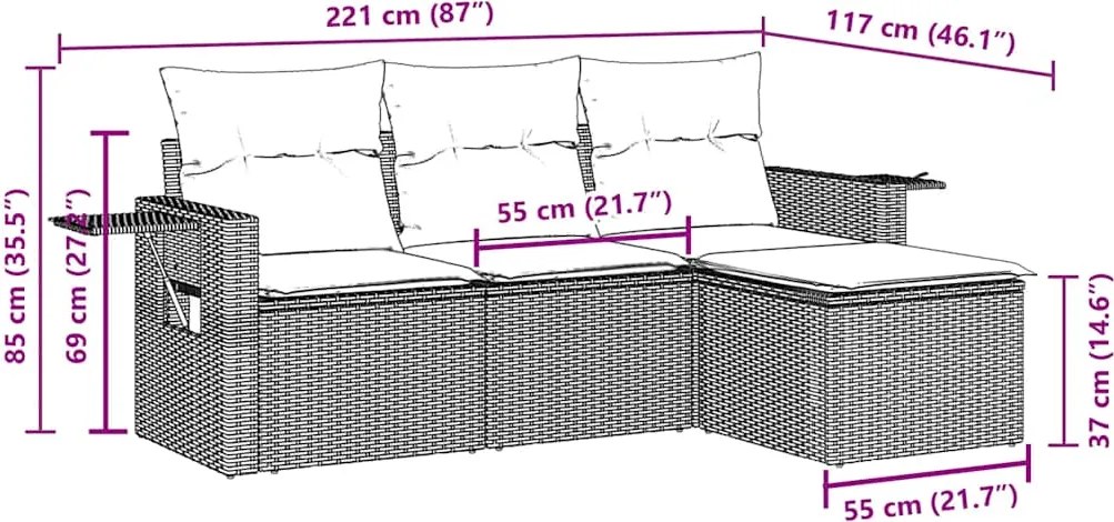 4dílná zahradní sedací souprava s poduškami černá polyratan 3252403