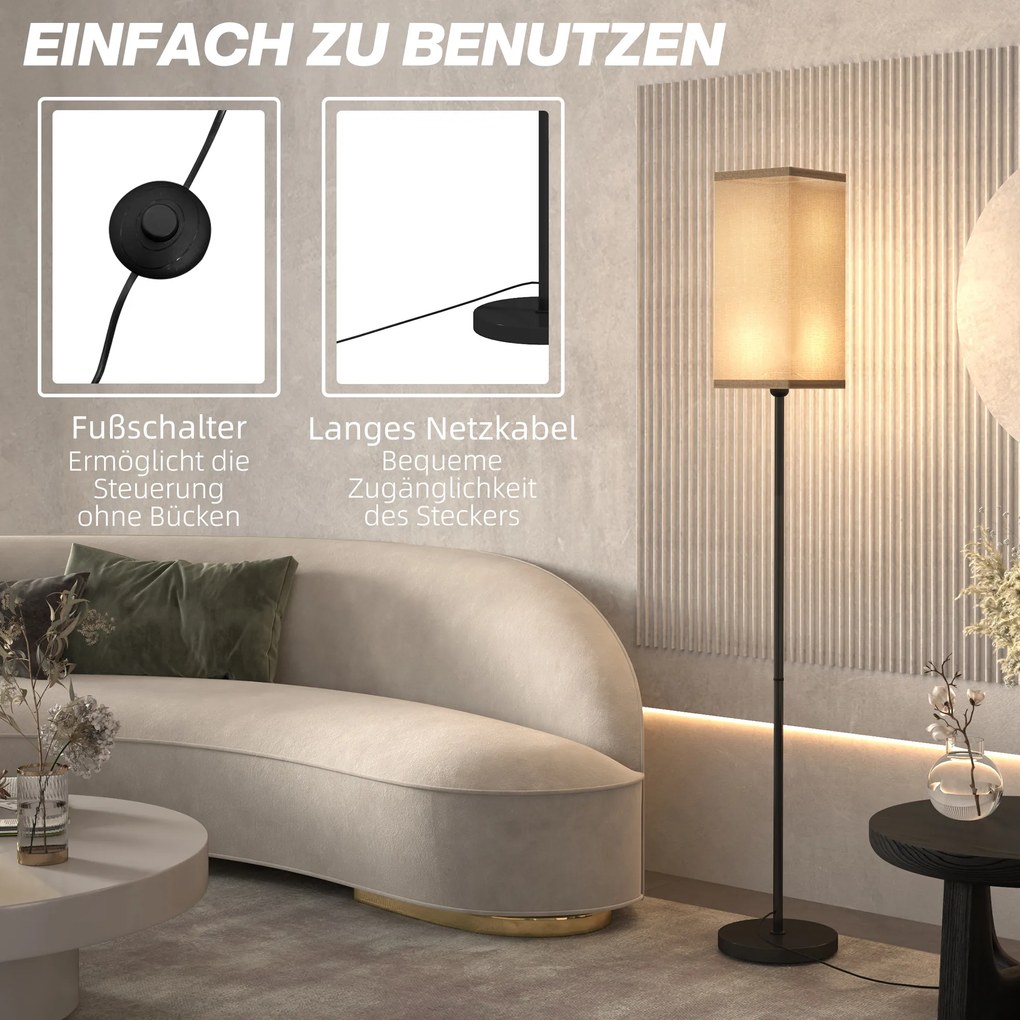 HOMCOM Moderní stojací lampa s textilním stínidlem a nožním vypínačem, pro obývací pokoj a ložnici, kov, černá