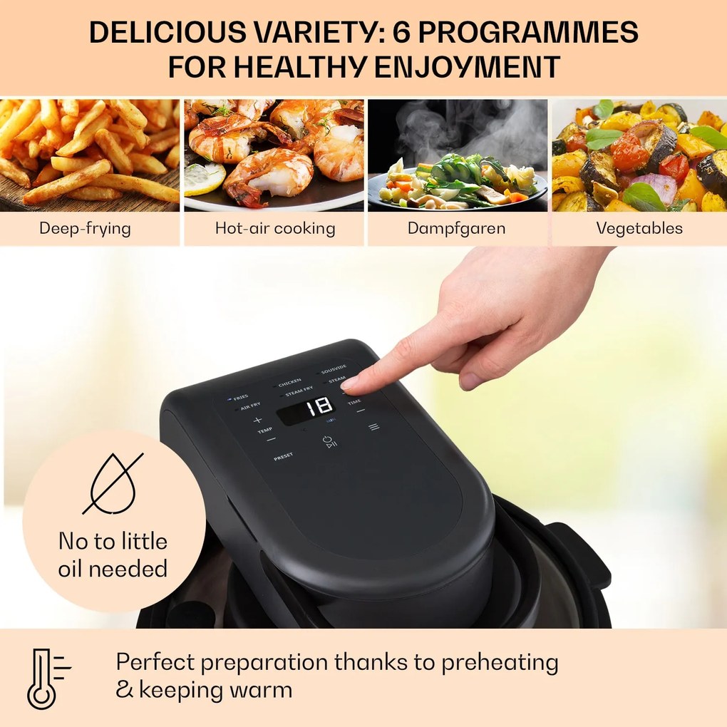 Klarstein Vendure, horkovzdušná fritéza, parní funkce, 1250 W, 5 l, 6 programů
