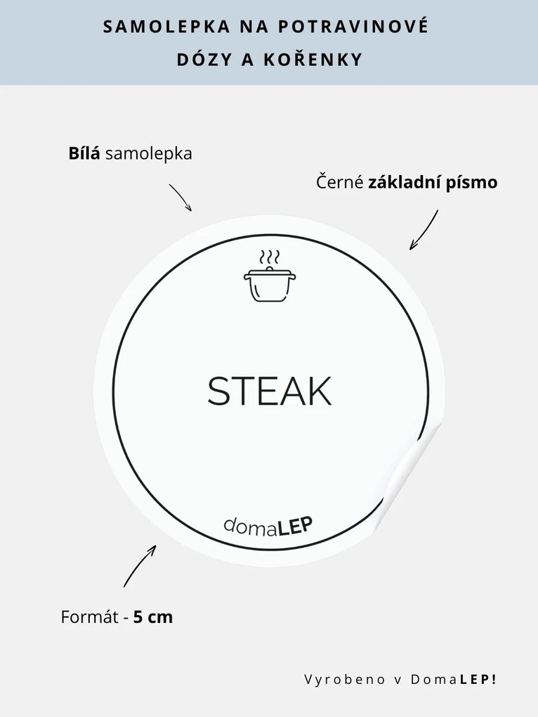 Samolepka na kořenky STEAK bílá 5 cm základní písmo
