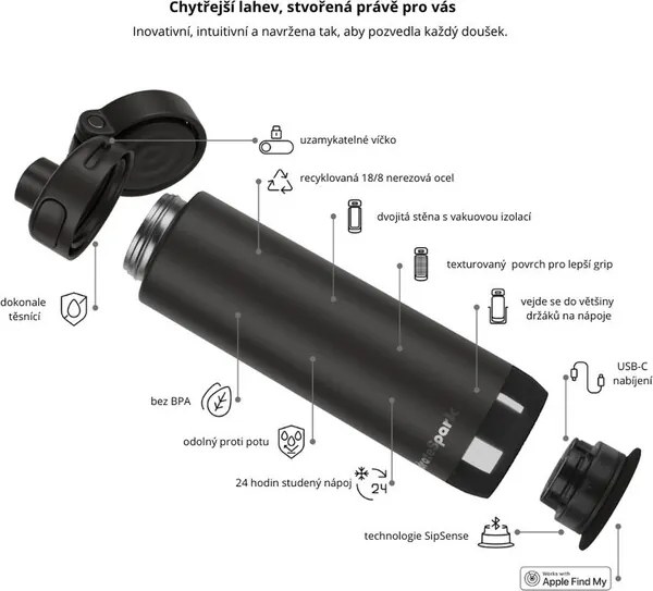 HidrateSpark PRO 2 chytrá lahev, 621 ml černá