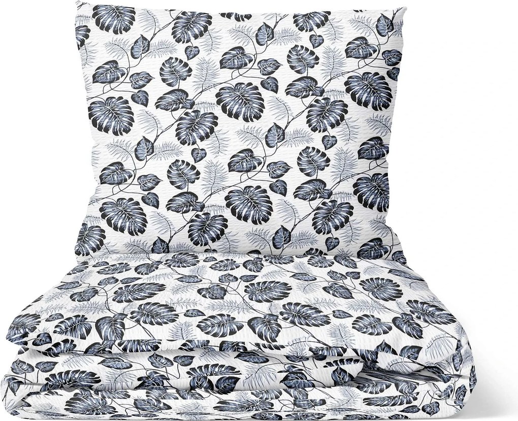Krepové prodloužené povlečení Monstera - šedomodré Velikost: 140 x 220 + 70 x 90